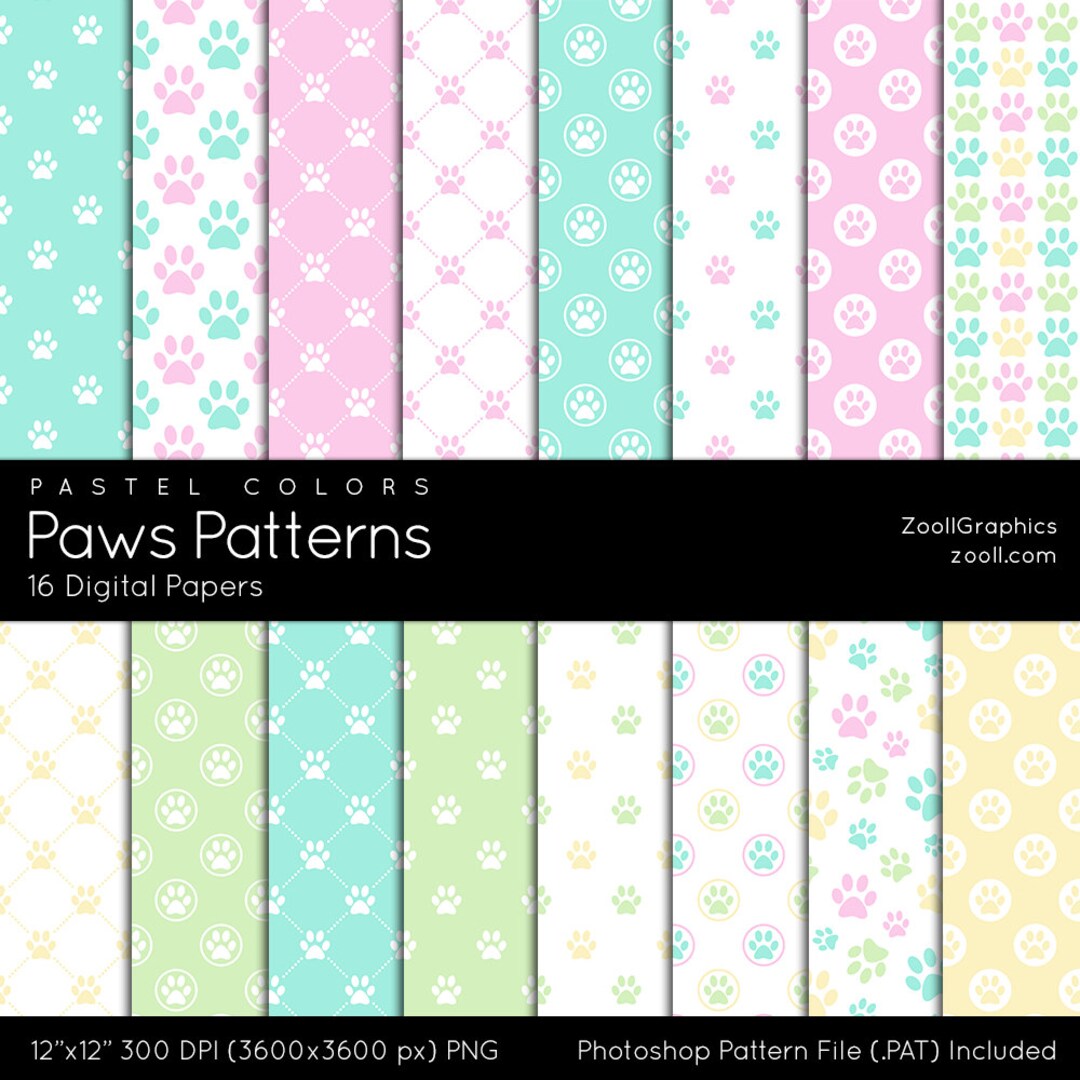Paws Patterns – Pastel Colors, 16 Digital Papers 12“x12“, Cat Dog Paw ...