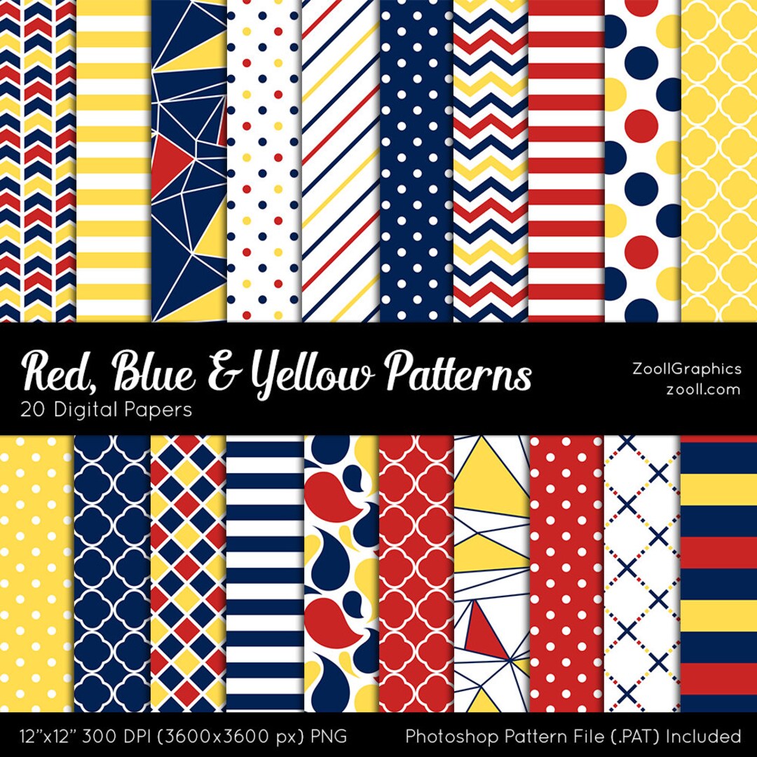 Red, Blue & Yellow Patterns, 20 Digital Papers (12“x12“), Photoshop ...
