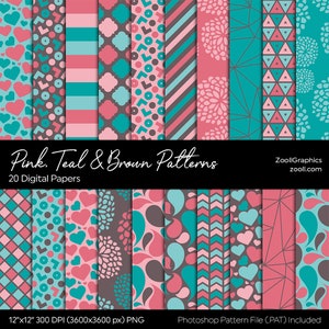 Pink, Teal & Brown Patterns, 20 Digital Papers (12“x12“), Photoshop ...