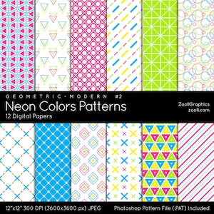 Neon Colors Patterns –geometric Modern #2, 12 Digital Papers (12“x12 ...