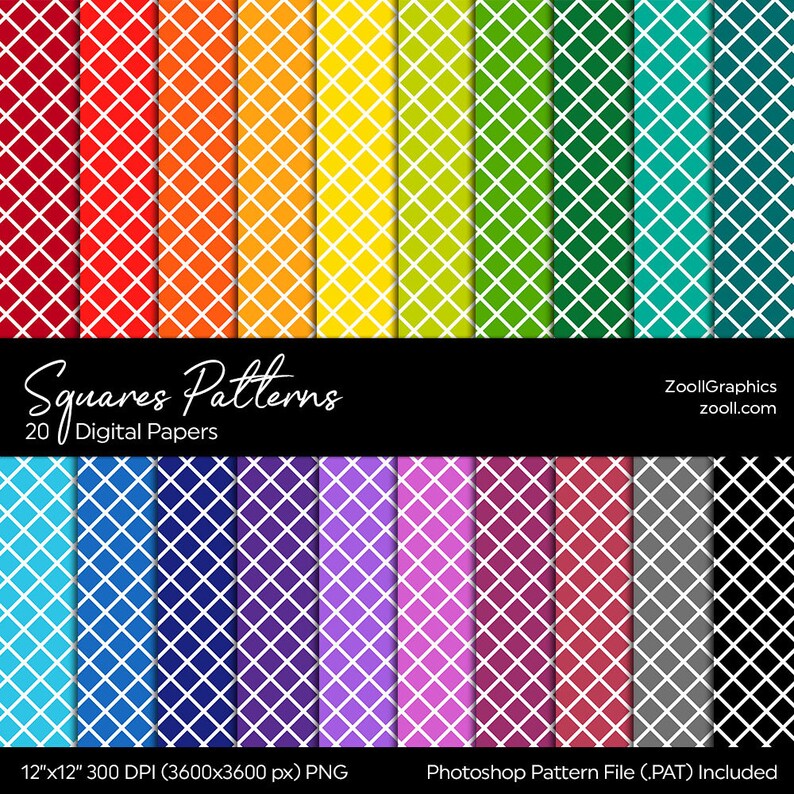 Squares Patterns, 20 Digital Papers 12“x12“, PAT File Included, Rainbow ...