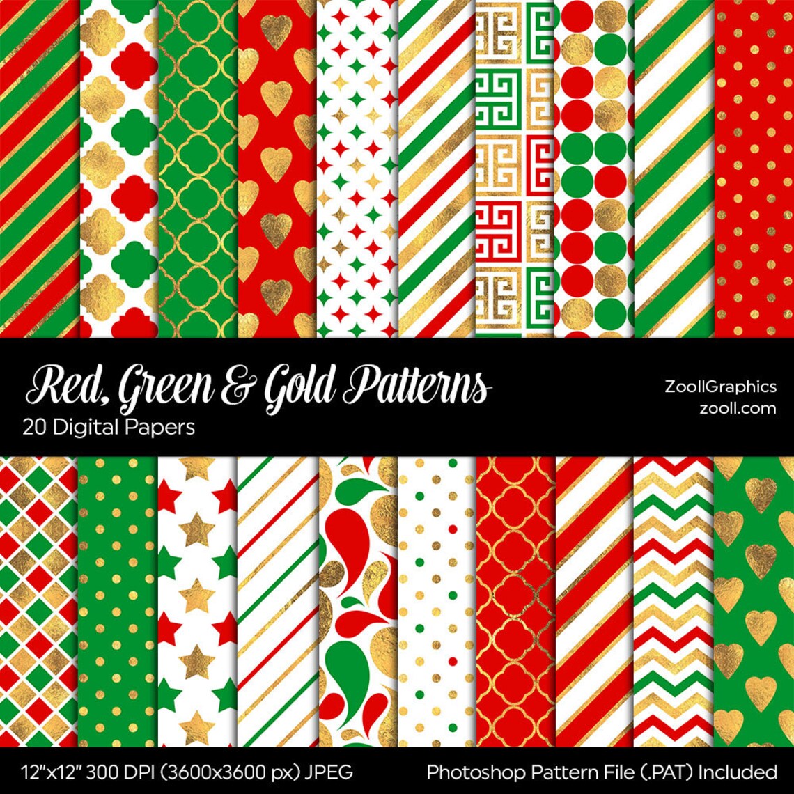 Red, Green & Gold Patterns, 20 Digital Papers 12“x12“, Christmas Papers ...