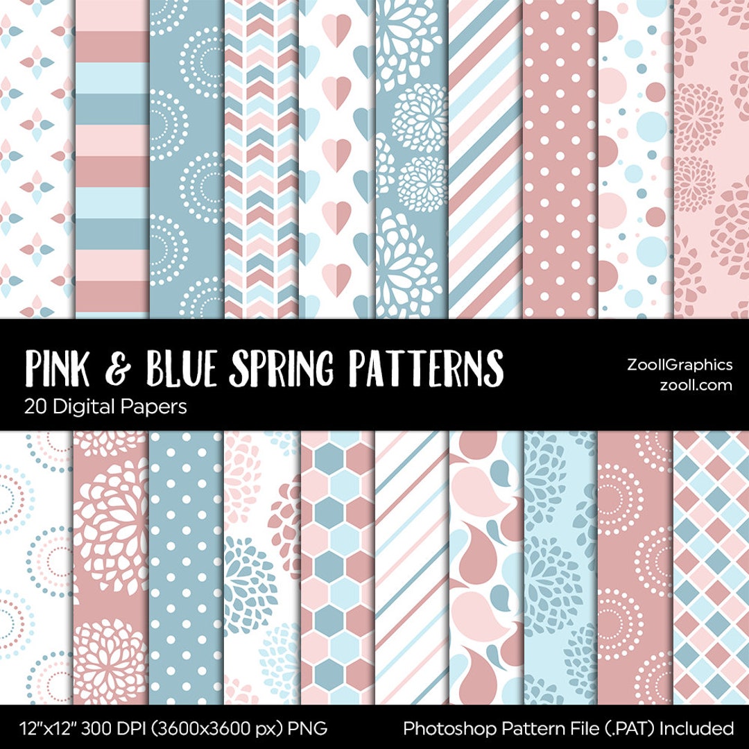 Pink & Blue Spring Patterns, Digital Paper, 20 Digital Papers 12x12 ...