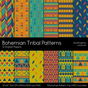 Bohemian Tribal Patterns, 12 Digital Papers 12“x12“, PAT File Included ...