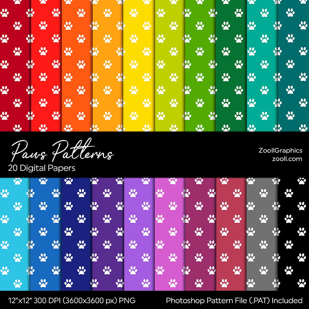 Paws Patterns, 20 Digital Papers 12“x12“, PAT File Included, Paw Print ...