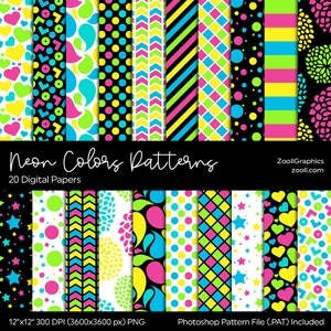 Neon Colors Patterns, 20 Digital Papers (12“x12“), Neon Background, PAT ...