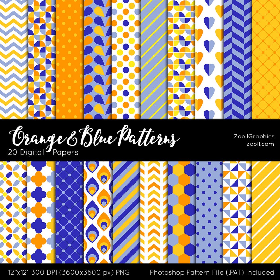 Orange & Blue Patterns, 20 Digital Papers (12“x12“), Photoshop Pattern ...