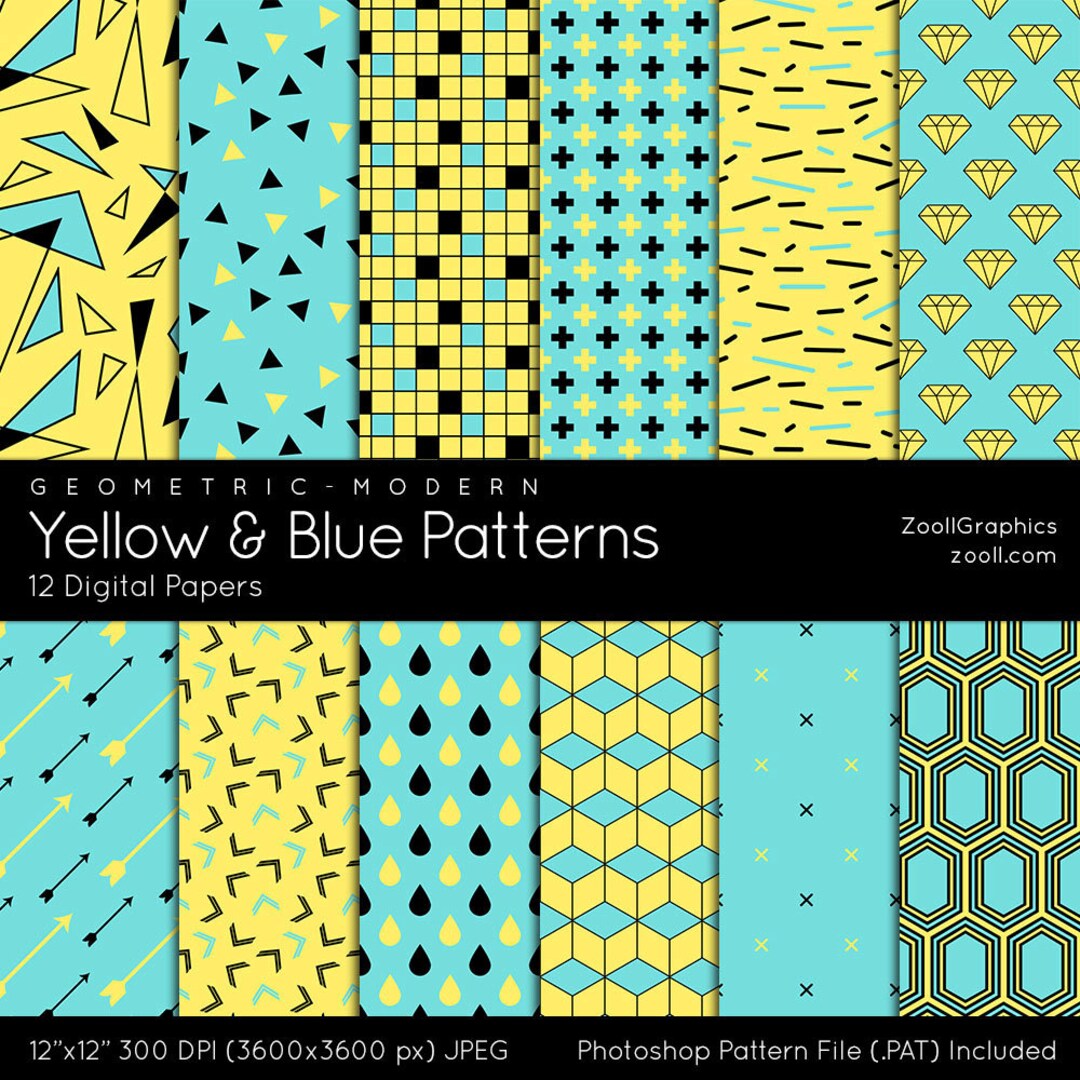 Yellow and Blue Patterns–geometric Modern, 12 Digital Papers (12“x12 ...