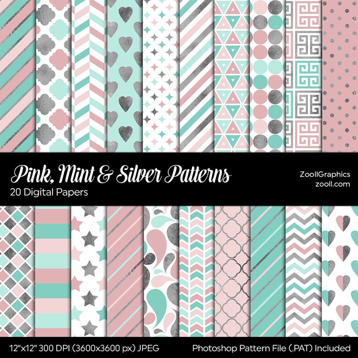 Pink Mint & Silver Patterns 20 Digital Papers 12x12 - Etsy