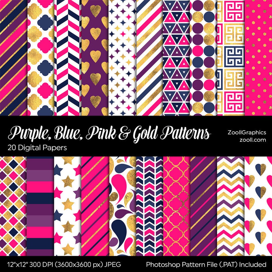Purple, Blue, Pink & Gold Patterns, 20 Digital Papers 12“x12 ...