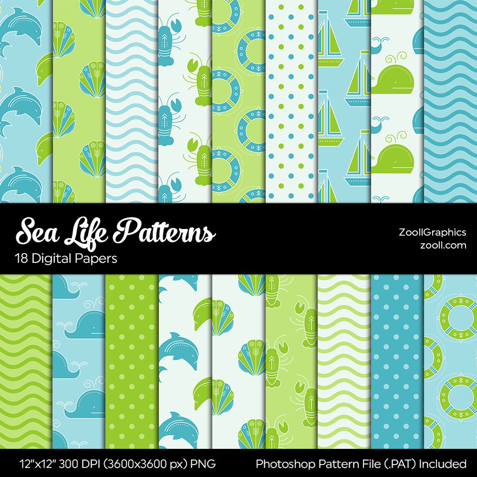 Sea Life Patterns Marine Life Green & Blue 18 Digital | Etsy
