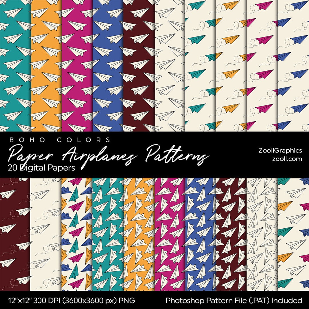 Paper Airplanes Patterns Boho Colors, 20 Digital Papers 12“x12 ...