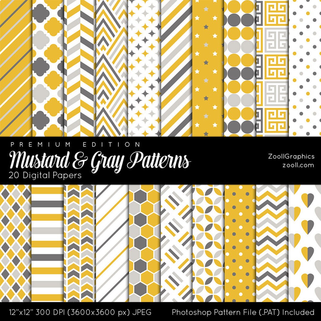 Mustard & Gray Patterns, 20 Digital Papers 12“x12“, Pattern File PAT ...