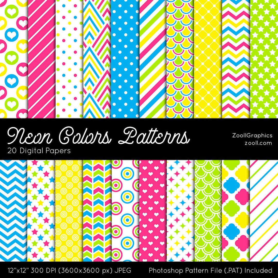 Neon Colors Patterns, 20 Digital Papers (12“x12“), Photoshop Pattern ...