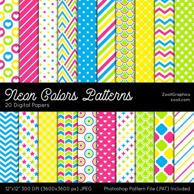 Neon Colors Patterns 20 Digital Papers 12x12 Photoshop | Etsy
