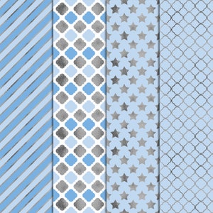 Baby Blue & Silver Patterns, 20 Digital Papers 12“x12“, Baby Shower ...
