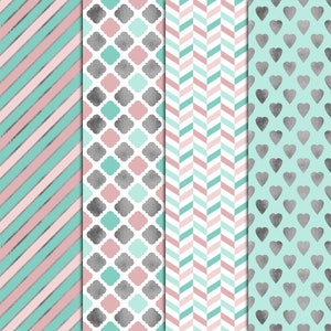 Pink, Mint & Silver Patterns, 20 Digital Papers 12“x12“, Silver and ...