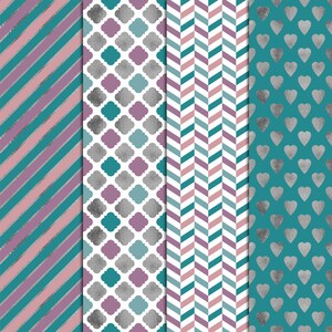 Purple, Teal & Silver Patterns, 20 Digital Papers 12“x12“, Silver ...