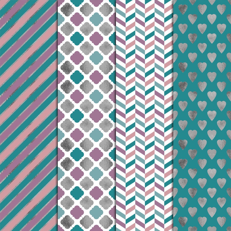 Purple Teal & Silver Patterns 20 Digital Papers 12x12 - Etsy
