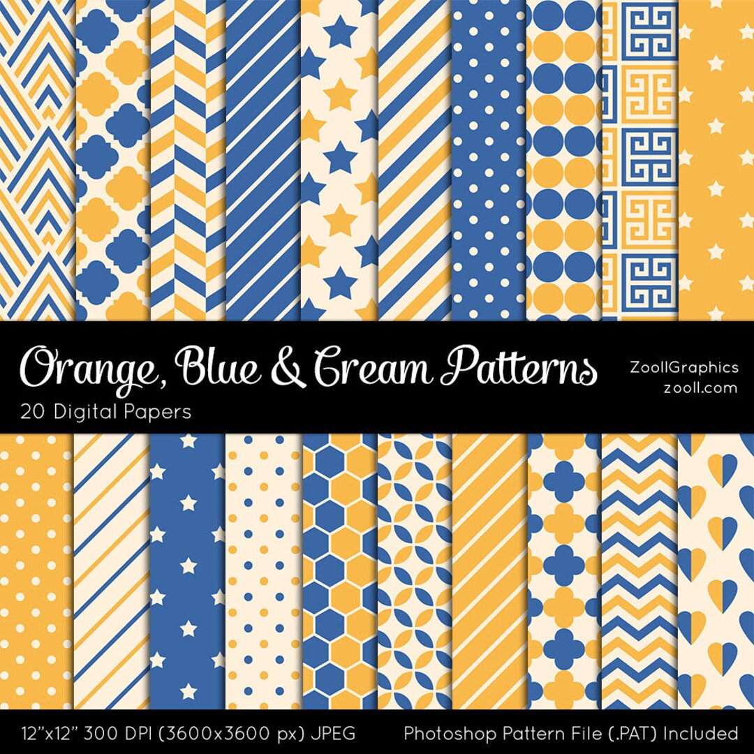 Orange, Blue and Cream Patterns, 20 Digital Papers (12“x12“), Pattern ...