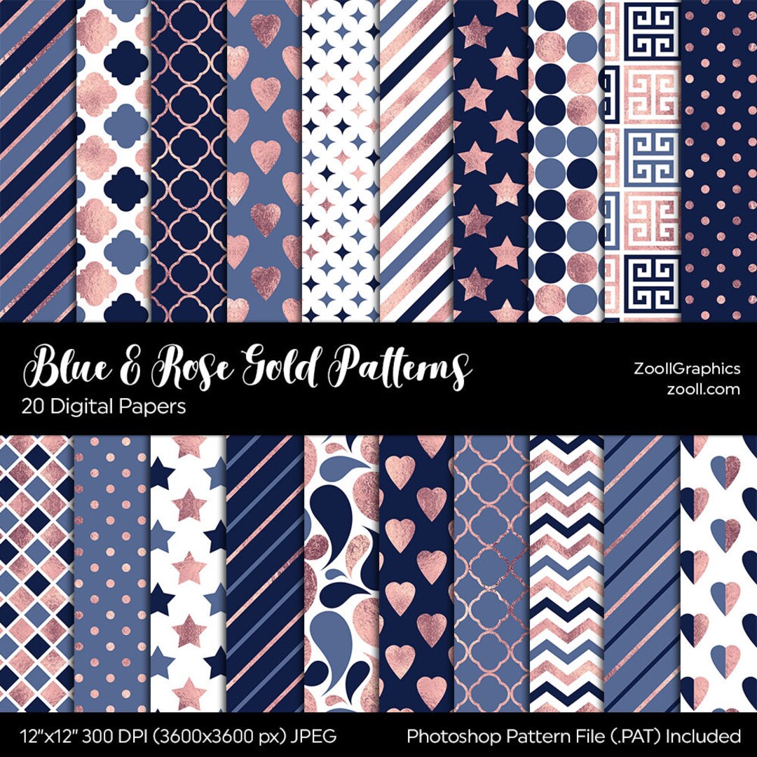 Blue & Rose Gold Patterns, 20 Digital Papers 12“x12“, PAT File Included ...