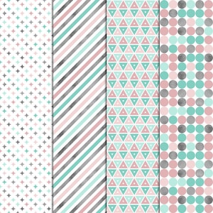 Pink, Mint & Silver Patterns, 20 Digital Papers 12“x12“, Silver and ...
