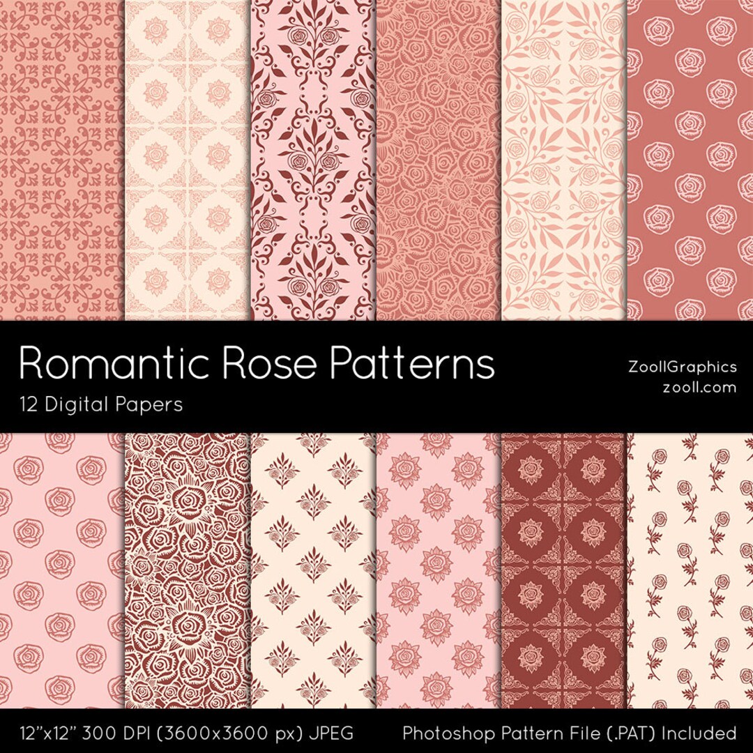 Romantic Rose Patterns, 12 Digital Papers 12“x12“, Photoshop Pattern ...