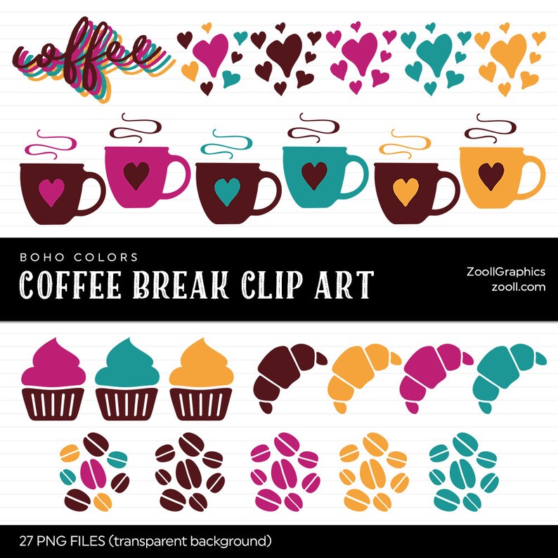 Coffee Break Boho Colors Clip Art, 27 PNG Files, Coffee Cups, Cupcakes ...