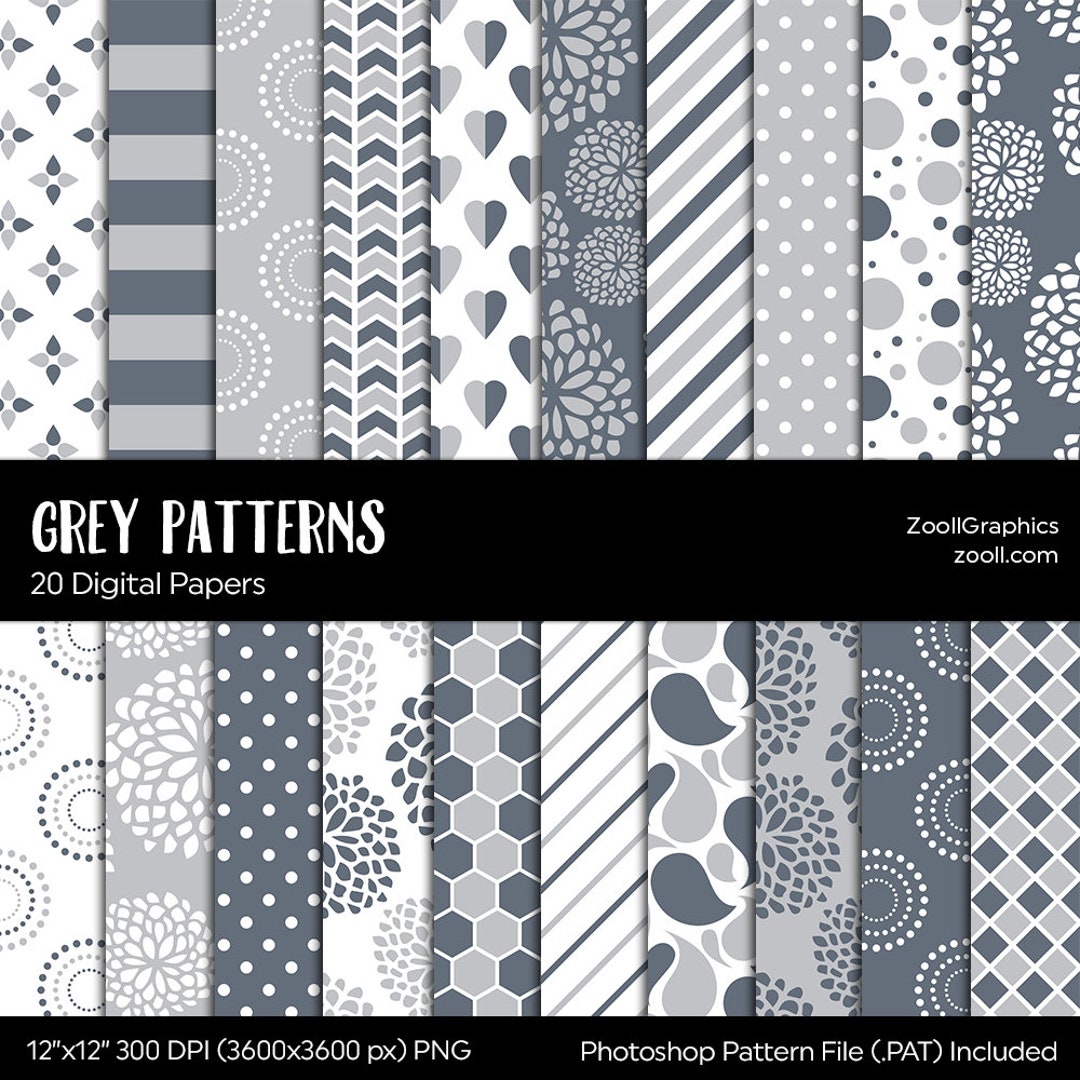 Gray/grey Patterns, 20 Digital Papers (12“x12“), PAT File Included ...