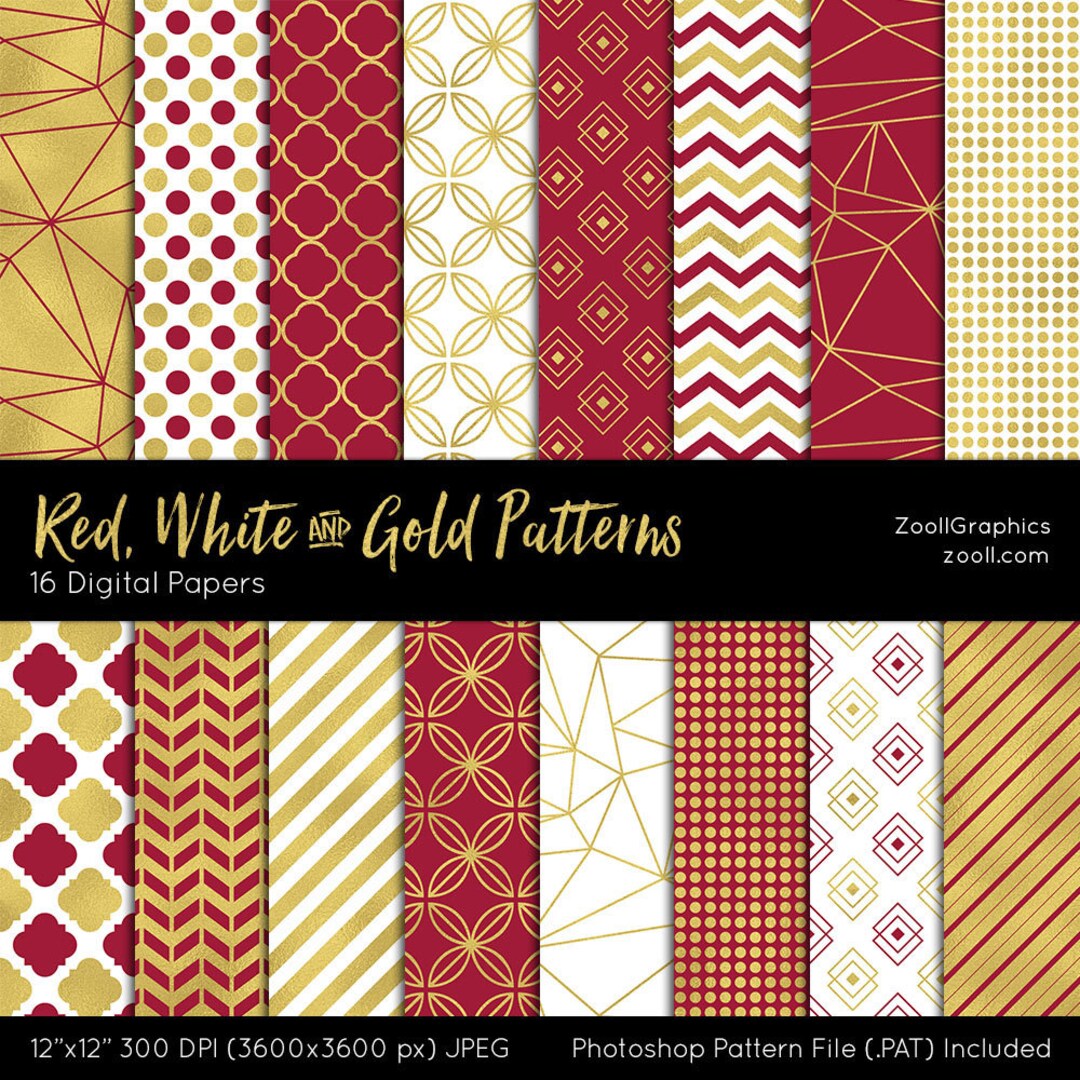 Red, White and Gold Patterns, 16 Digital Papers (12“x12“), Photoshop ...