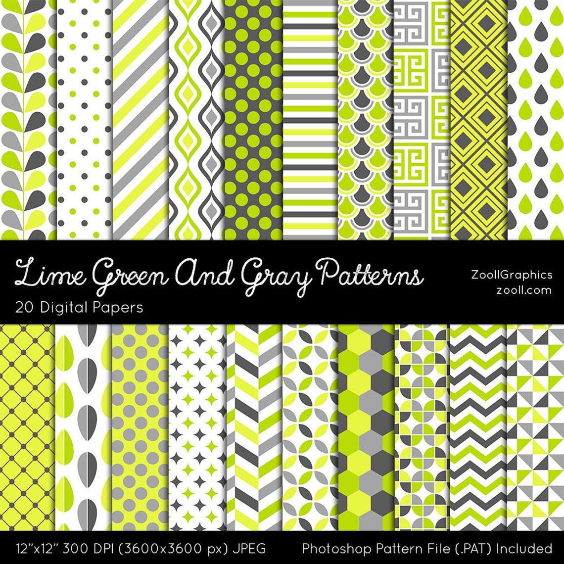 Lime Green and Gray Patterns 20 Digital Papers 12x12 | Etsy