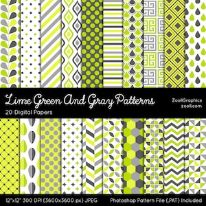 Lime Green and Gray Patterns, 20 Digital Papers (12“x12“), Photoshop ...