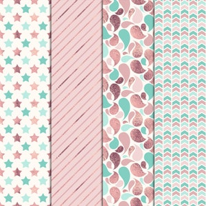 Pink, Mint & Rose Gold Patterns, 20 Digital Papers 12“x12“, Photoshop ...
