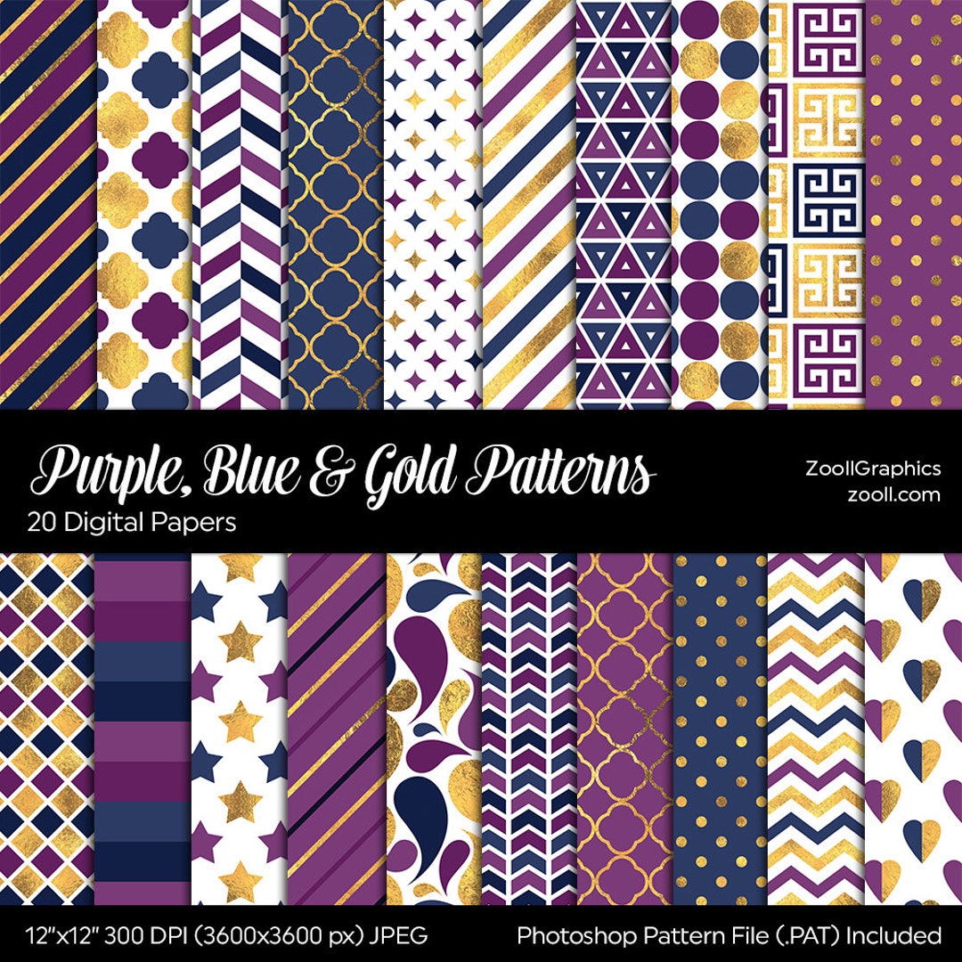 Purple, Blue & Gold Patterns, 20 Digital Papers 12“x12“, Photoshop ...