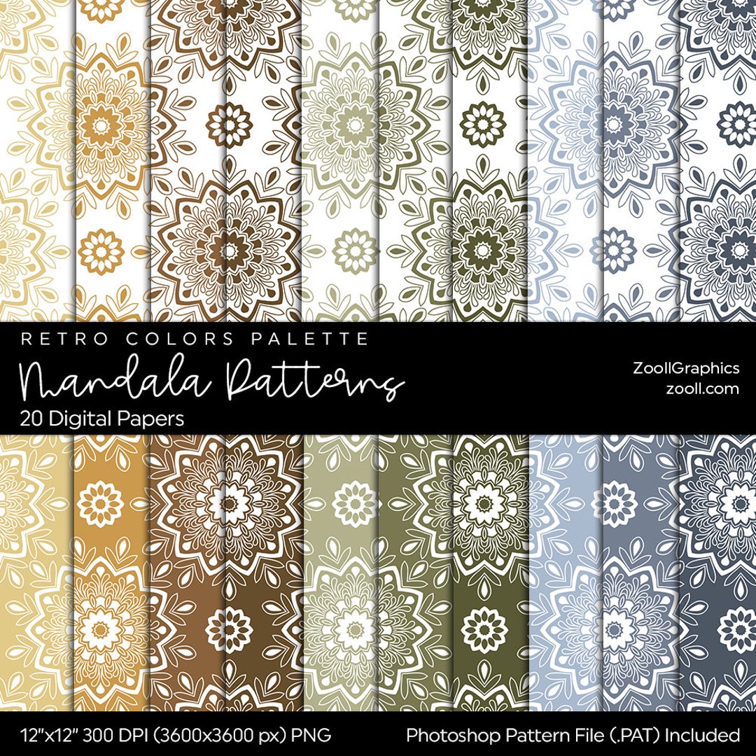Mandala Patterns, 20 Digital Papers 12“x12“, PAT File, Retro Colors ...