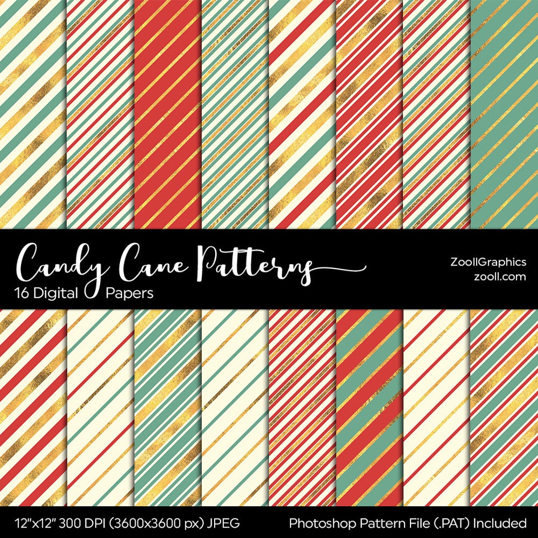 Candy Cane Patterns, 16 Digital Papers 12x12, Seamless Christmas Paper ...