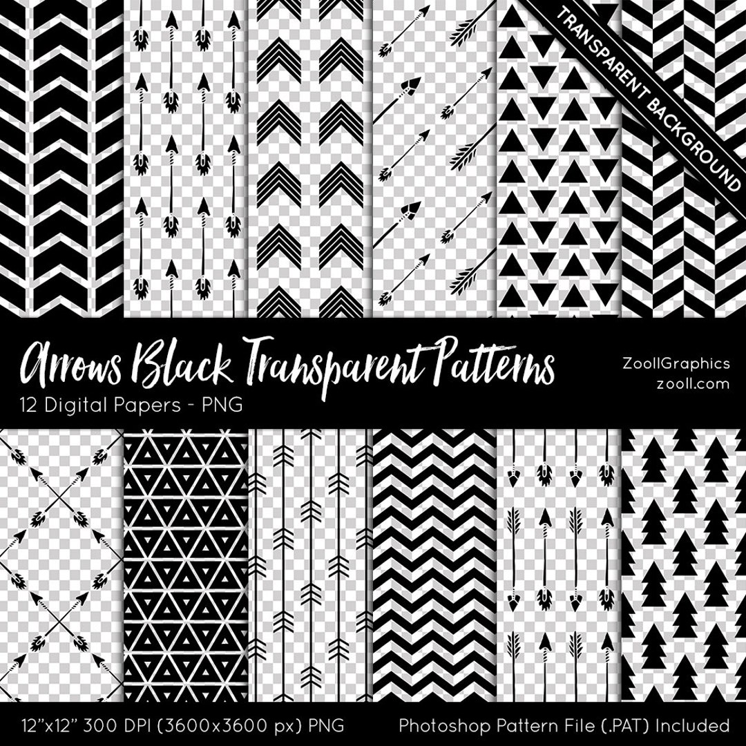 Arrows Black Transparent Patterns, 12 Digital Papers, Transparent ...