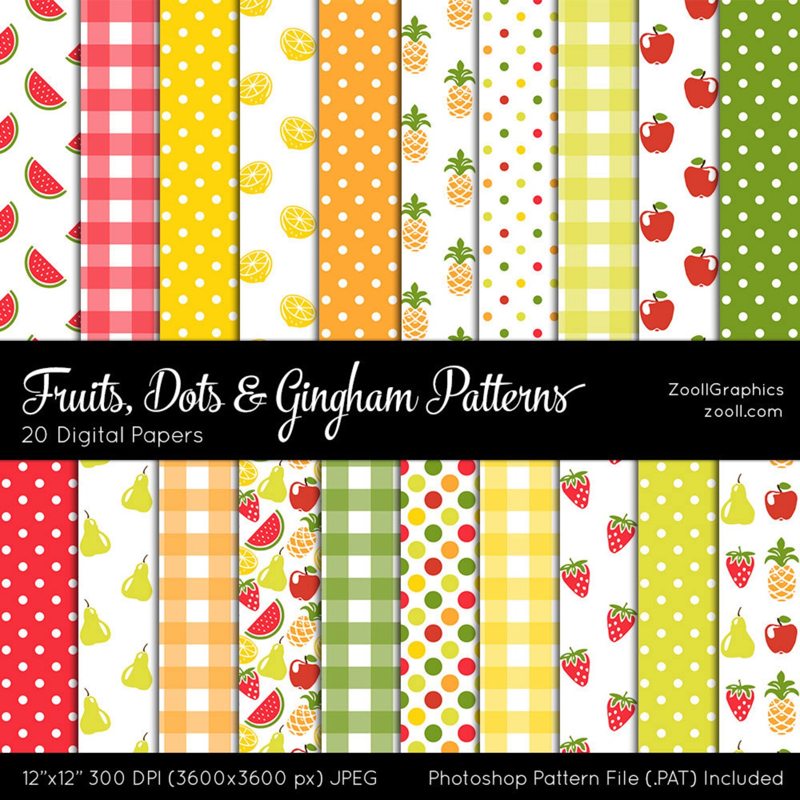 Fruits Dots & Gingham Patterns 20 Digital Papers 12x12 | Etsy