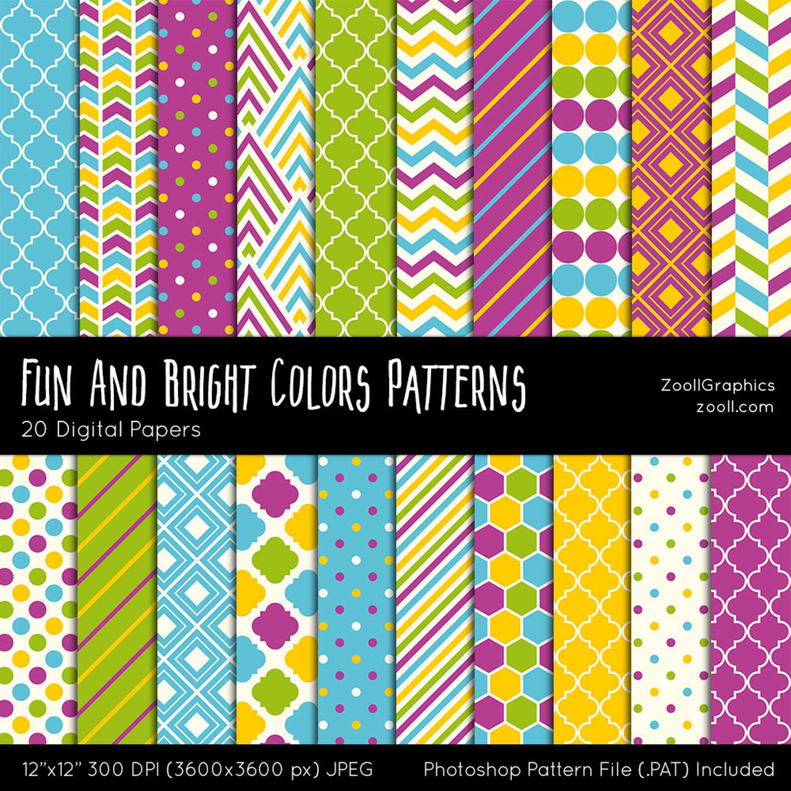 Fun and Bright Colors Patterns 20 Digital Papers 12x12 | Etsy