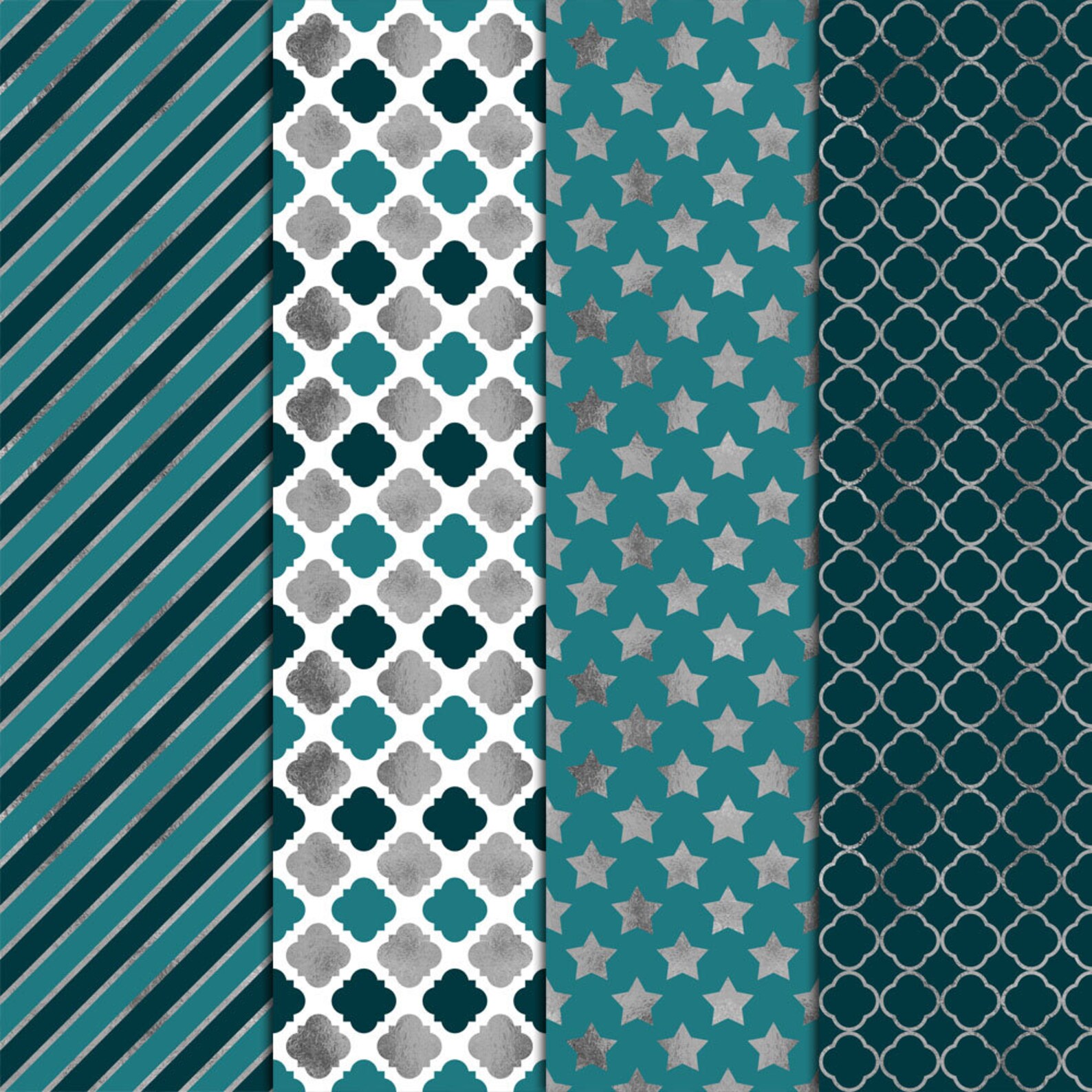 Teal & Silver Patterns, 20 Digital Papers 12x12, Seamless, Photoshop ...