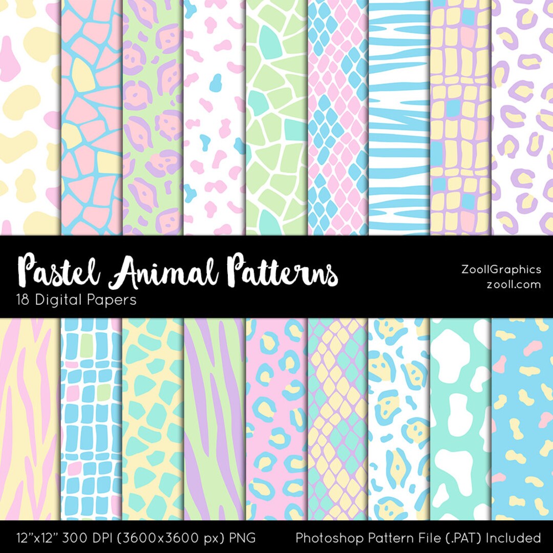 Pastel Animals Patterns, 18 Digital Papers (12“x12“), Photoshop Pattern ...