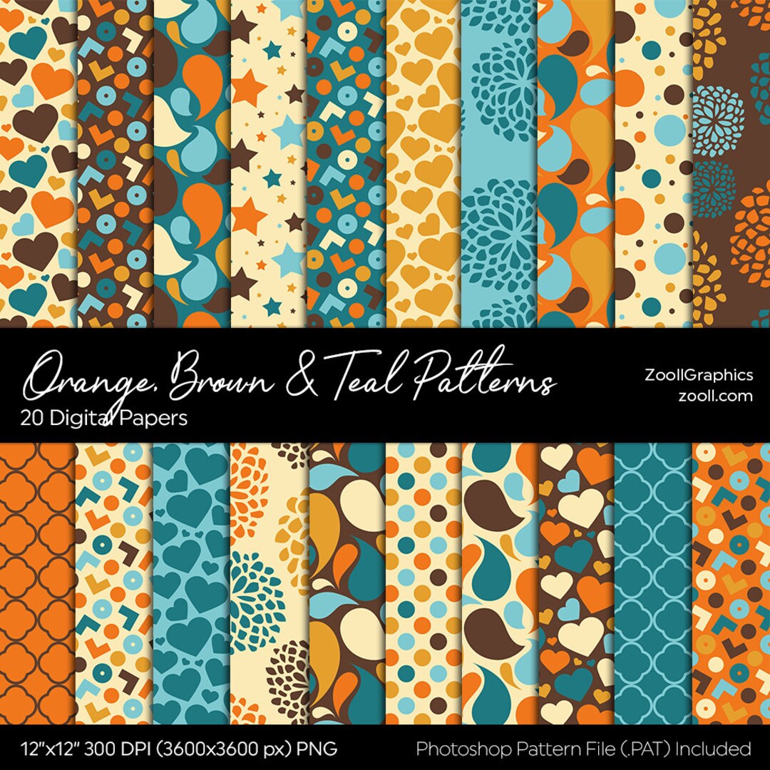 Orange, Brown & Teal Patterns, 20 Digital Papers (12“x12“), Photoshop ...