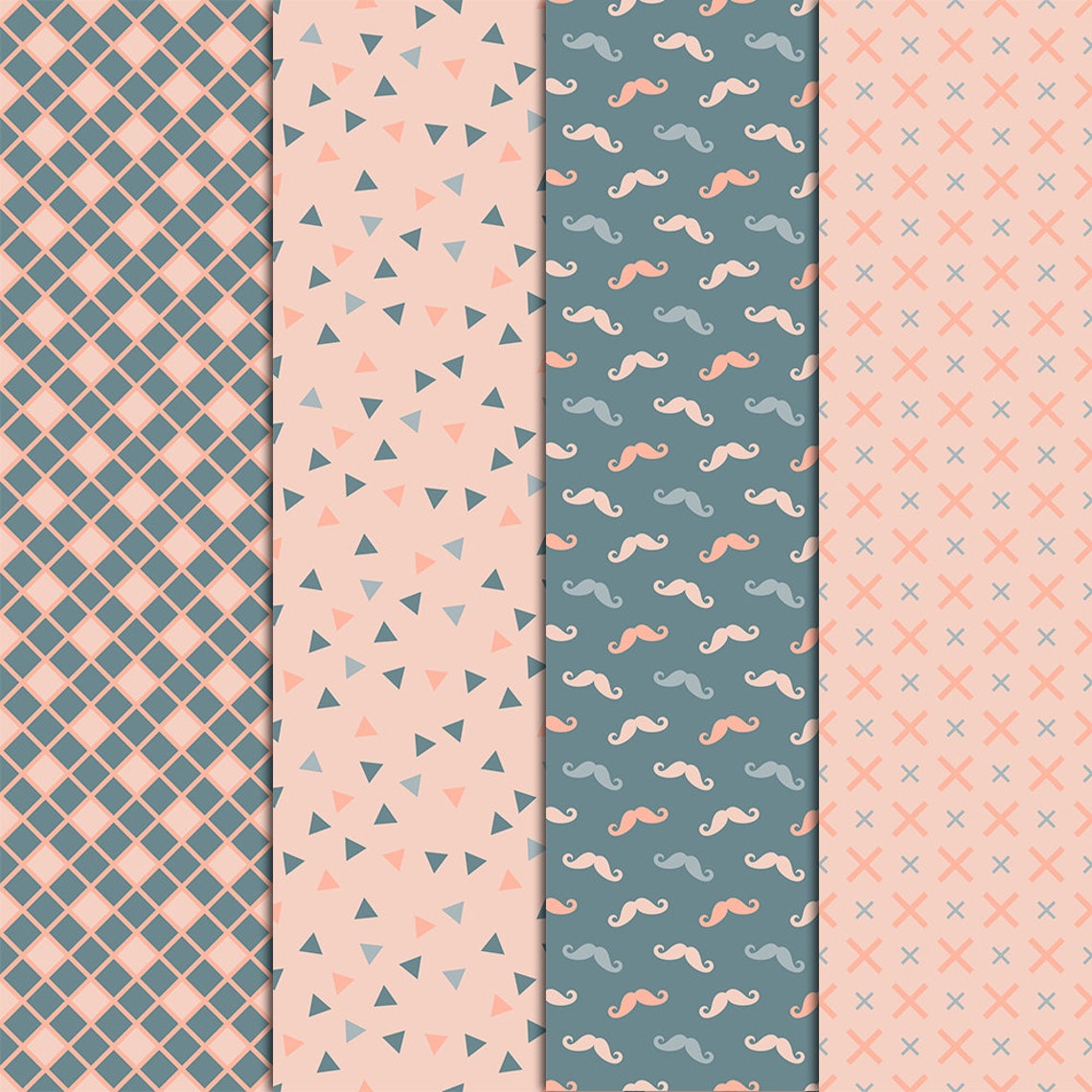 Soft Coral & Smoky Blue Patterns Digital Paper 20 Digital | Etsy