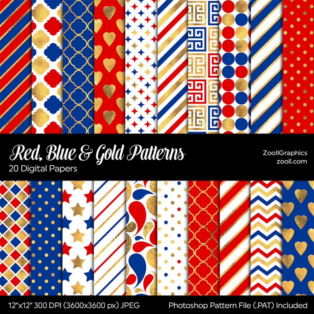 Red, Blue & Gold Patterns, 20 Digital Papers 12“x12“, Patriotic ...