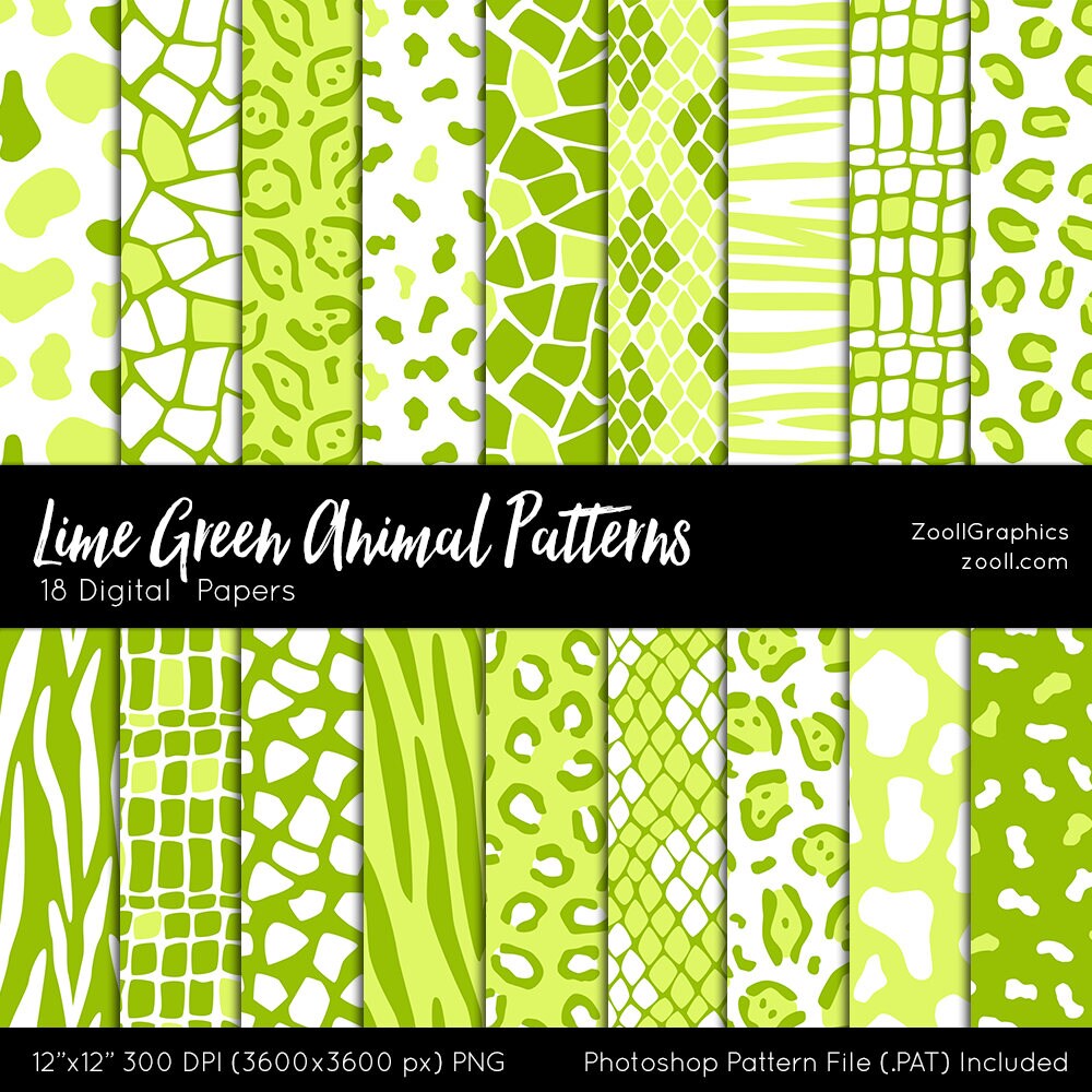 Lime Green Animals Patterns, 18 Digital Papers (12x12), Photoshop ...