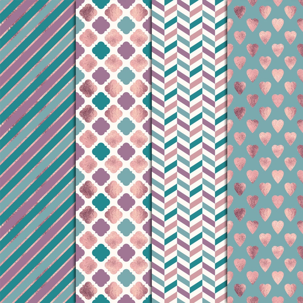 Purple Teal & Rose Gold Patterns 20 Digital Papers 12x12 | Etsy