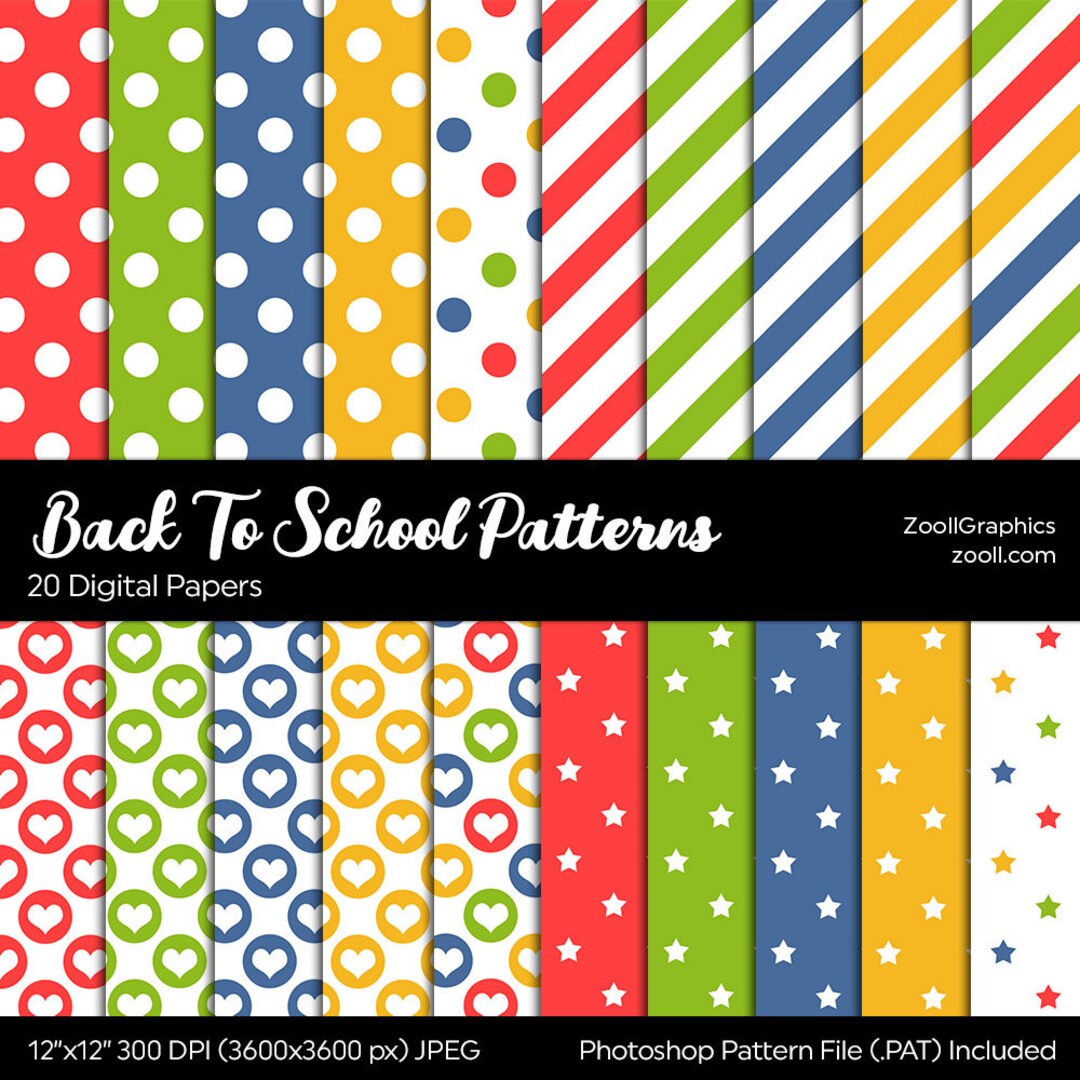 Back to School Patterns, 20 Digital Papers (12“x12“), Primary Colors ...