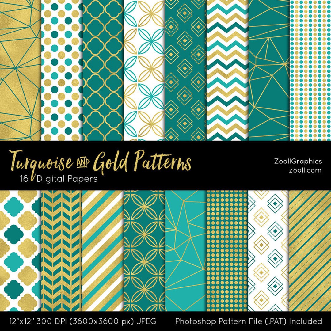Turquoise and Gold Patterns, 16 Digital Papers (12“x12“), Photoshop ...