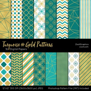 Turquoise and Gold Patterns, 16 Digital Papers (12“x12“), Photoshop ...