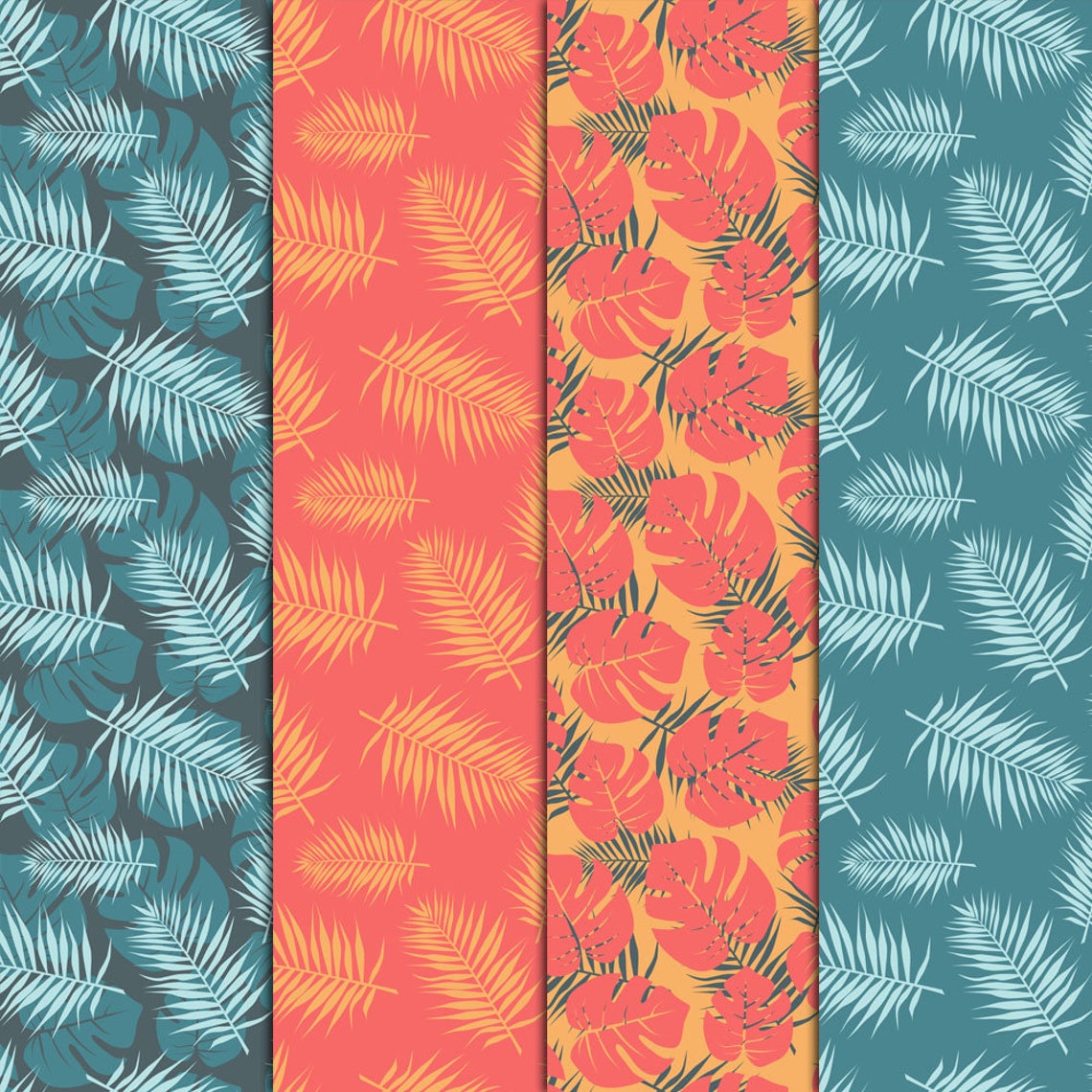 Tropical Leaves Orange Red & Blue Patterns 16 Digital Papers - Etsy